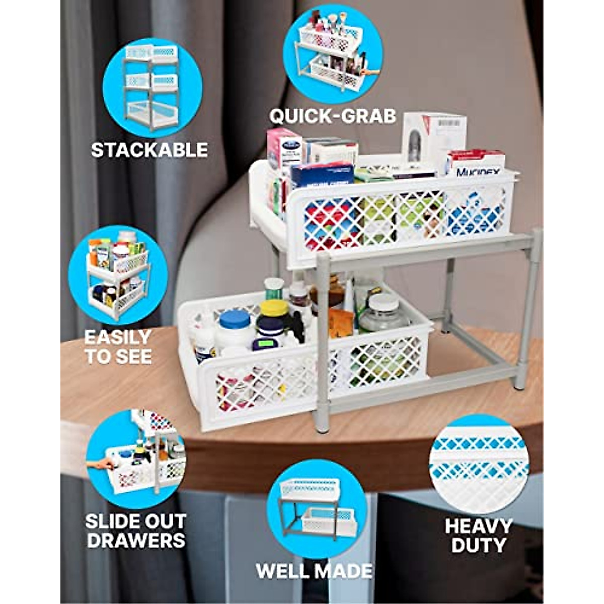 Skywin Plastic Sliding Organizers - 2 Tier Sliding Storage Bins - Pull out cabinet drawers for organizing pantry cabinets (White - 2 Pack)