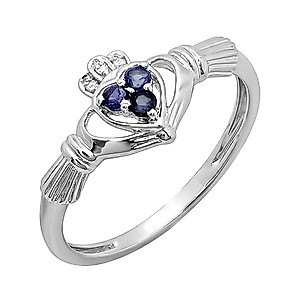 Dazzlingrock Collection Round Natural Blue Sapphire & White Diamond Promise Irish Love & Friendship Claddagh Heart Shape Ring for Women in 18K White Gold Size 8