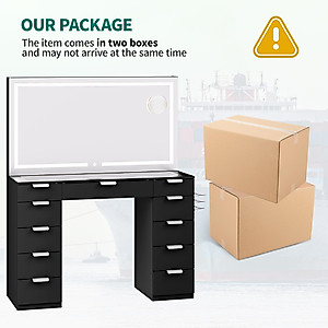 YITAHOME Vanity Desk Set with Large LED Lighted Mirror & Power Outlet, Glass Top Vanity with 11 Drawers and Magnifying Glass, 46'' Large Makeup Vanity with Storage Bench, Black Vanity for Bedroom