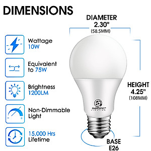 Energetic 75W Equivalent A19 LED Light Bulb, 3000K Warm White, Non-Dimmable LED Light Bulb, 1200lm, UL Listed, E26 Medium Base, 12-Pack