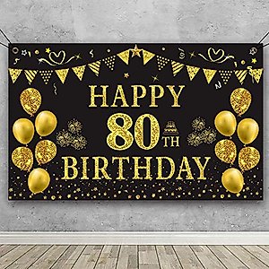 Trgowaul 80th Birthday Backdrop Gold and Black 5.9 X 3.6 Fts Happy Birthday Party Decorations Banner for Women Men Photography Supplies Background Happy Birthday Decoration