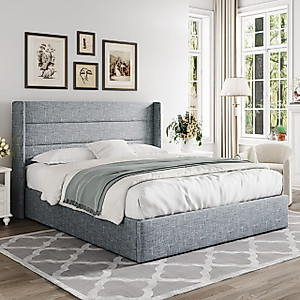 Allewie Full Size Lift Up Storage Bed, Modern Wingback Headboard, Hydraulic Support, No Box Spring Needed, Grey Blue