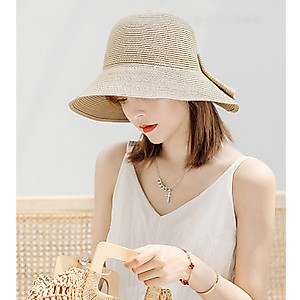 Womens Wide Brim Slit Sun Hat Bow Knot Summer Straw Sun Hats for Women (Beige)