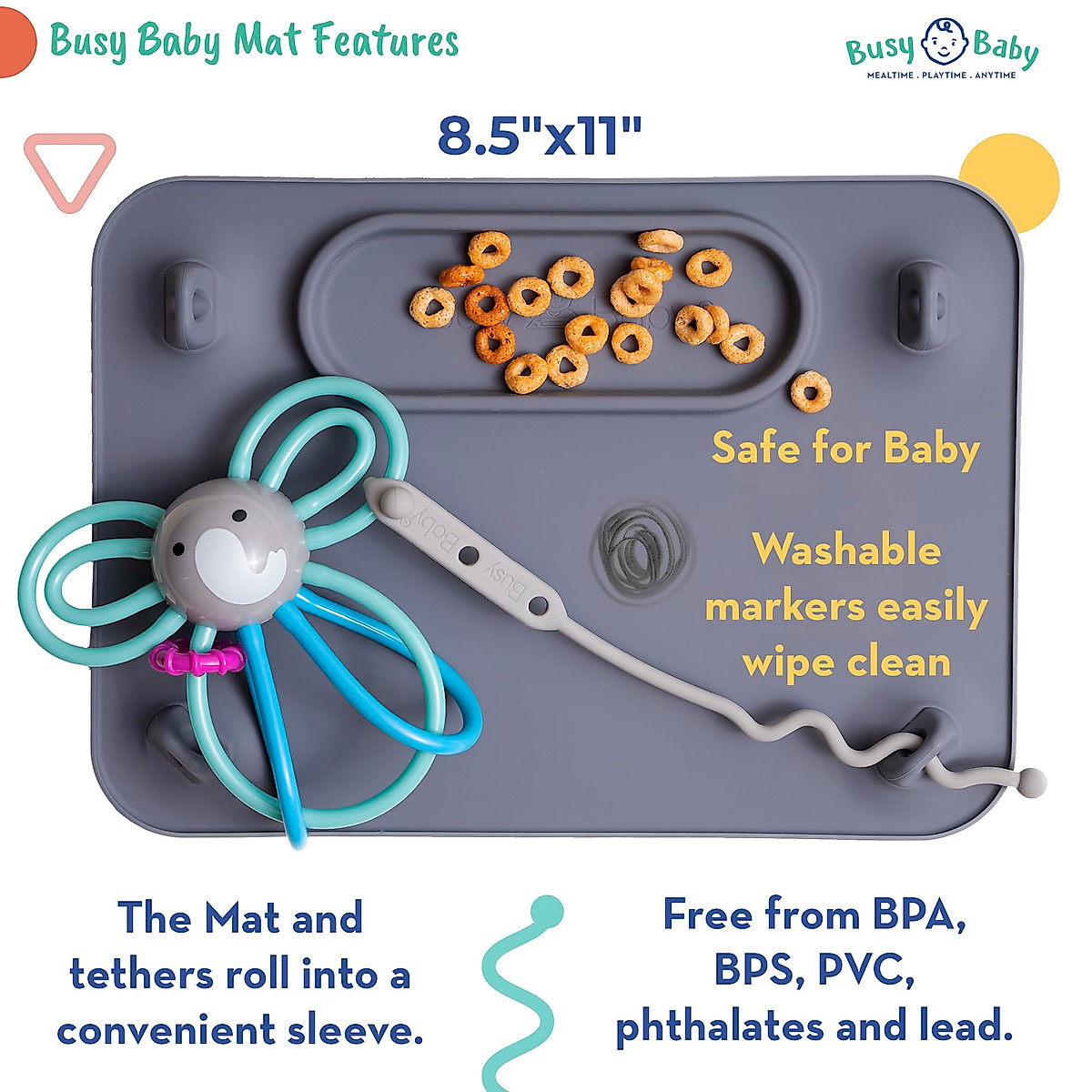 BUSY BABY Silicone Placemat-As Seen On Shark Tank-Built-in Suction Cups-4 Toy Tethers for Babies Toddlers and Kids-Food Grade Silicone-8.5 x 11 in-Comes with Travel Sleeve-Dishwasher Safe-Pewter