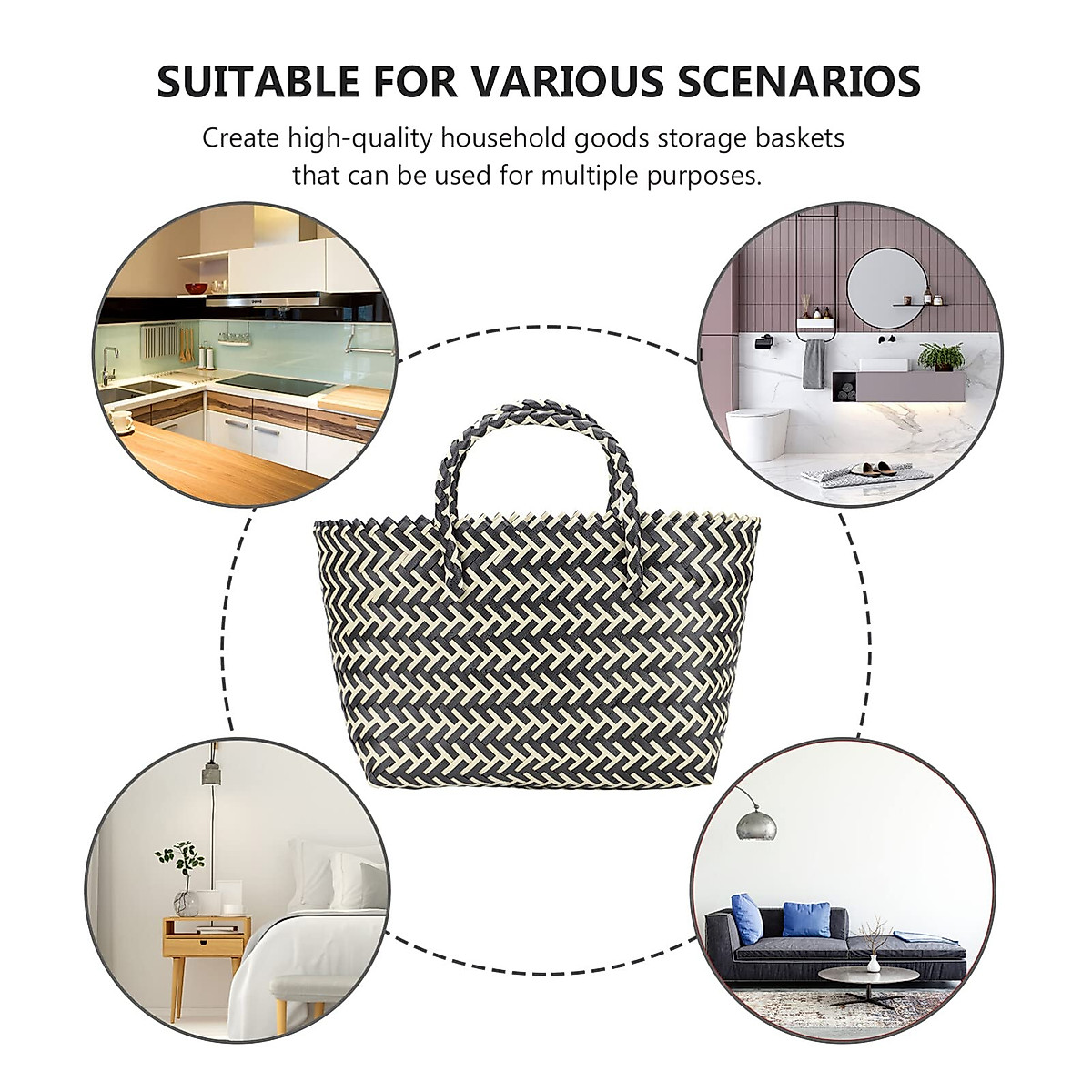 Cabilock Handmade Moroccan Market Basket Large Capacity French Wicker Basket Straw Beach Bag Vegetables Shopping Basket with Handle for Women Shopping Laundry Black