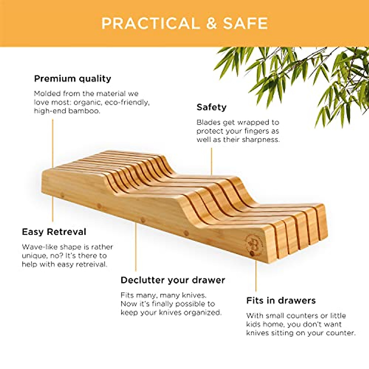 In-Drawer Knife Block Organizer - Bamboo Wood Drawer Knife Organizer - Holds 5 Long + 6 Short Knives (Not Included) - Store Knives with Blades Pointing Down