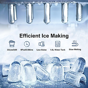 Greatrue Countertop Ice Maker, 9 pcs/6 mins, 2 Sizes, 33 lbs/Day, Self-Cleaning Portable Ice Maker with Ice Scoop and Basket for Home/Camping/Kitchen/Party (Stainless Steel)