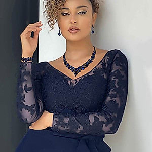 BriLove Wedding Bridal Jewelery for Women Austrian Crystal Teardrop Cluster Statement Necklace Dangle Earrings Link Bracelet Set Navy Blue Sapphire Color Black-Silver-Tone