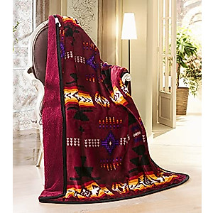 Nu Trendz Signature Southwest Design (Navajo Print) Sherpa Lined Throw 16112 Burgundy