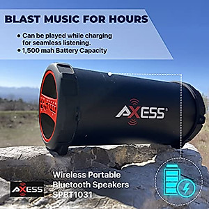 Axess SPBT1031 Portable Bluetooth Indoor/Outdoor 2.1 Hi-Fi Cylinder Loud Speaker with Built-in 3" Sub and SD Card, USB, AUX Inputs in Red