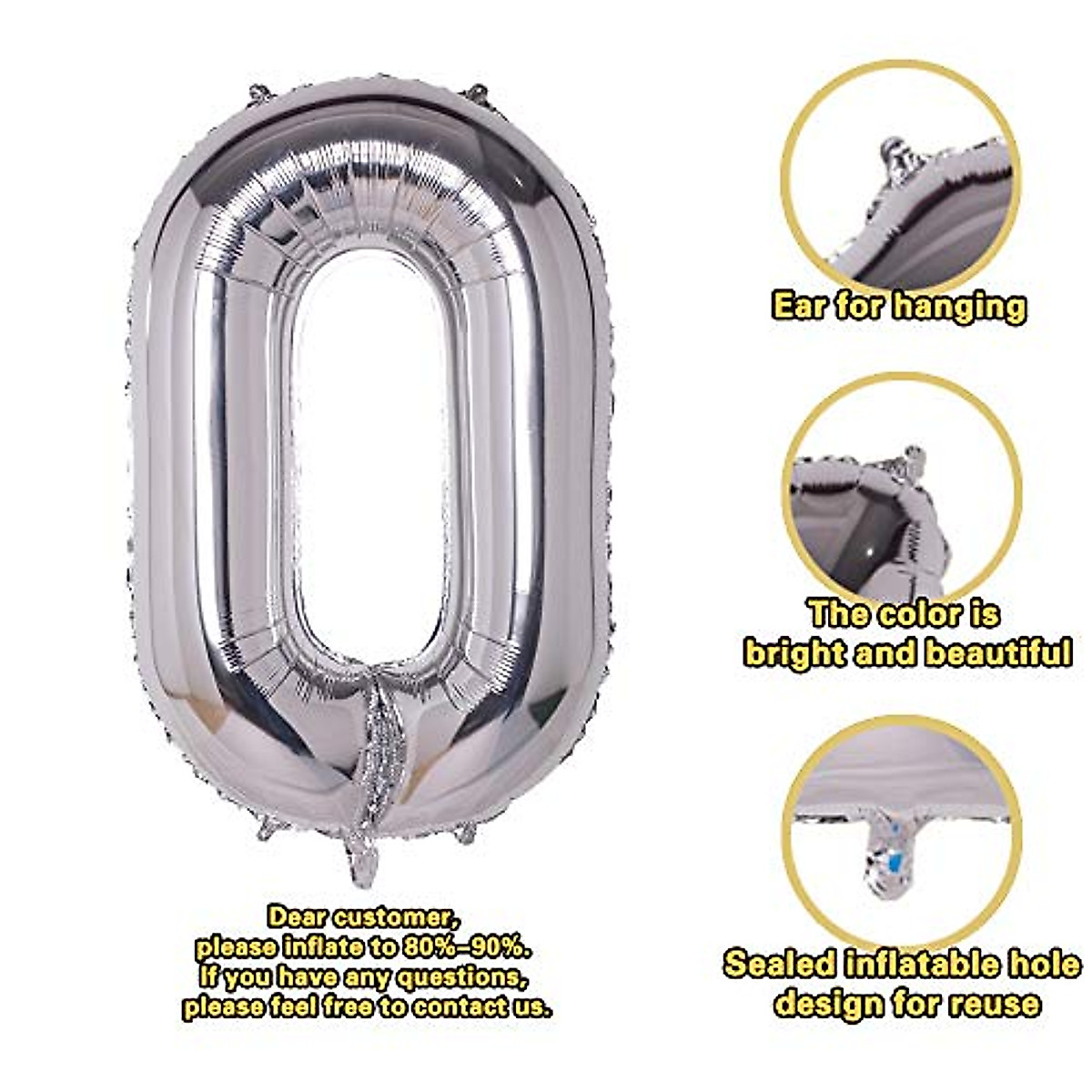 Silver 0 Balloons,40 Inch Birthday Foil Balloon Party Decorations Supplies Helium Mylar Digital Balloons (Silver Number 0)