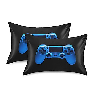 Oyihfvs Video Game Joystick Gamepad in Blue Neon Lights Isolated on Black Silky Satin Pillowcase for Hair and Skin, Soft Bed Pillow Cover, Decorative Silk Pillow Cases, King Size 20x40 inches