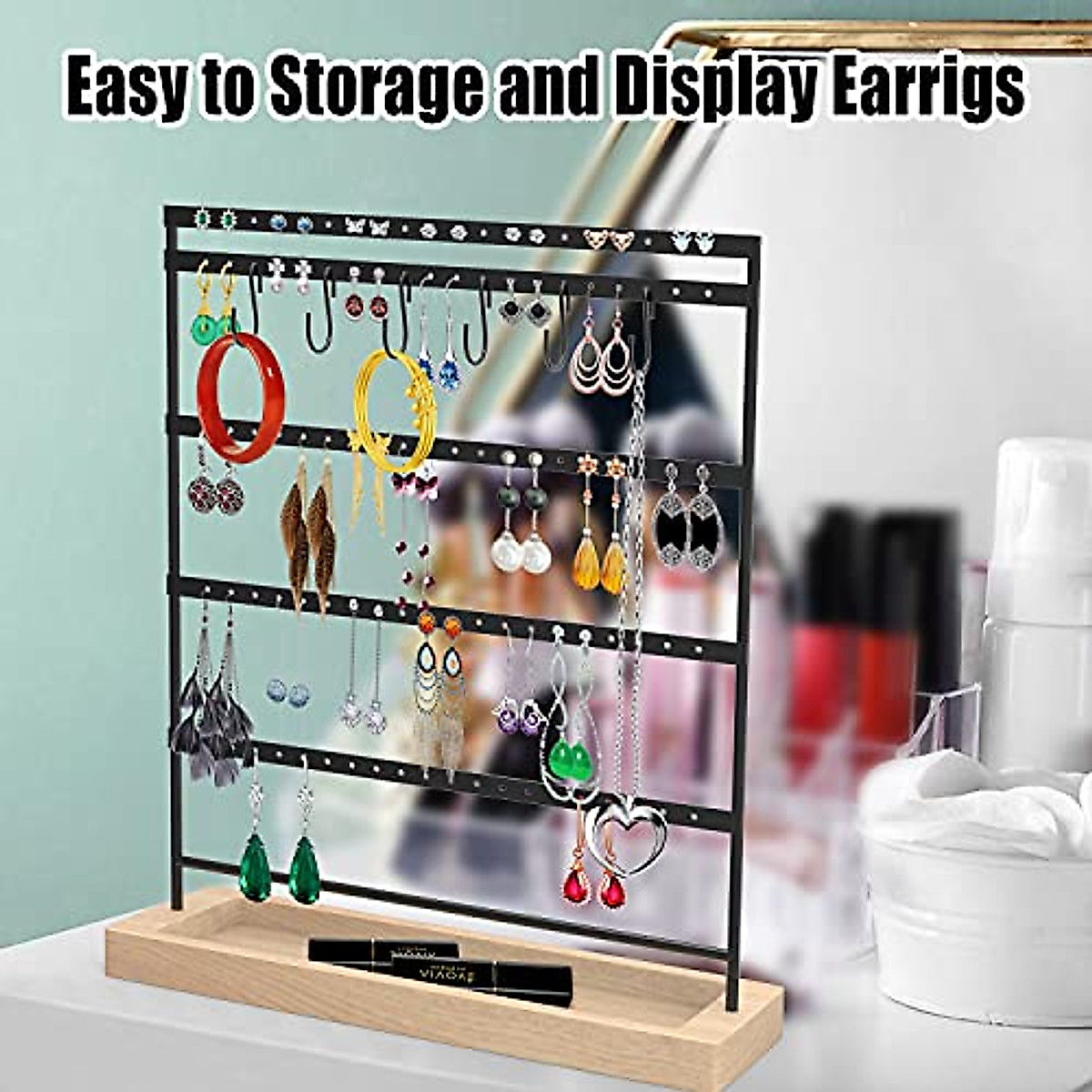 ANNDOFY Earrings Organizer Jewelry Display Stand, 5-Tier 100 Holes Earring Holder Rack for Hanging Earrings, Metal and Wood Basic Large Storage Earring Jewelry Display Tree as Women Girls Gift