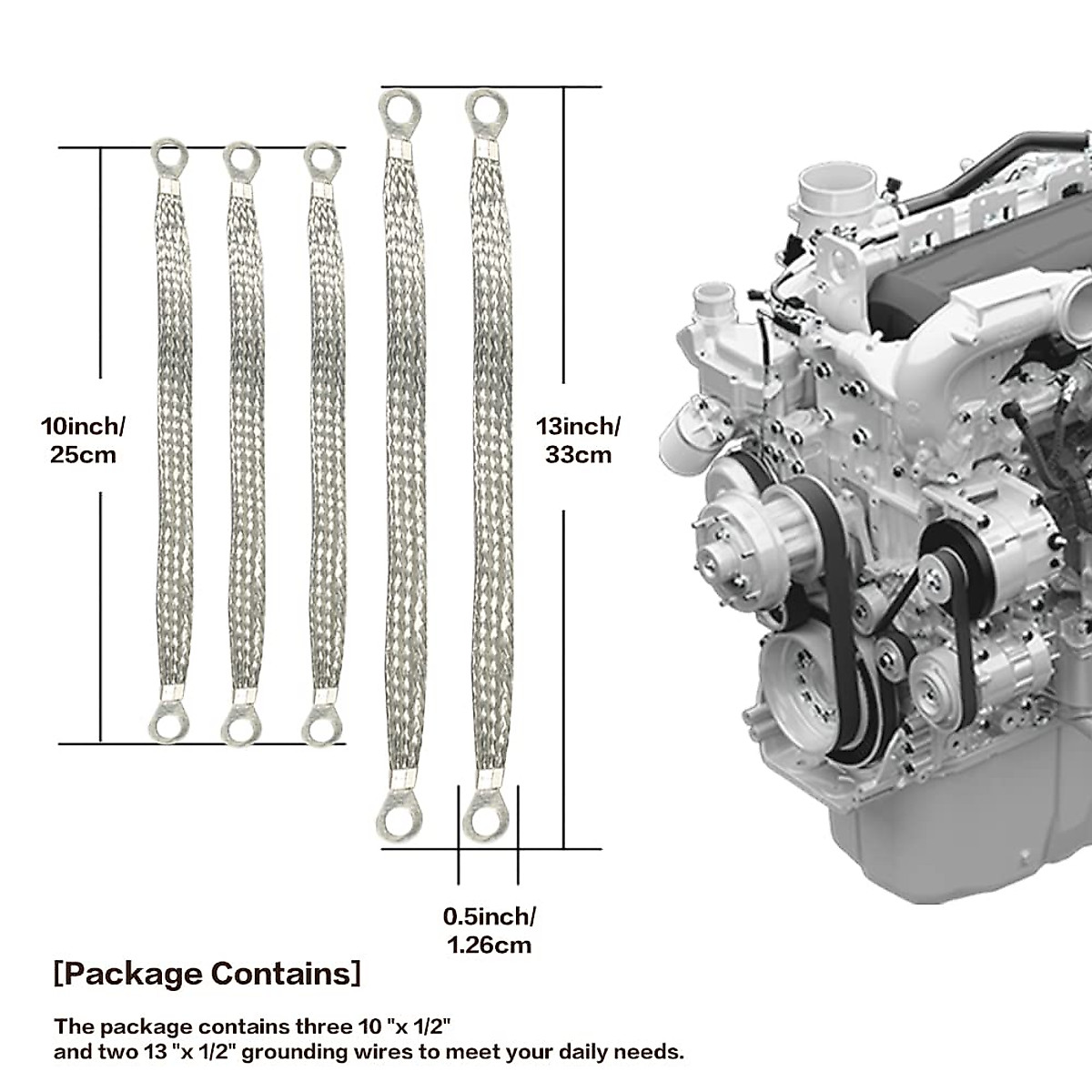 Universal Flat Braided Copper Ground Strap,Professional Vehicle Grounding Cable Straps with Terminals Plugs,Tinplate Silver Color Automotive Engine Copper Ground Strap for Most Cars