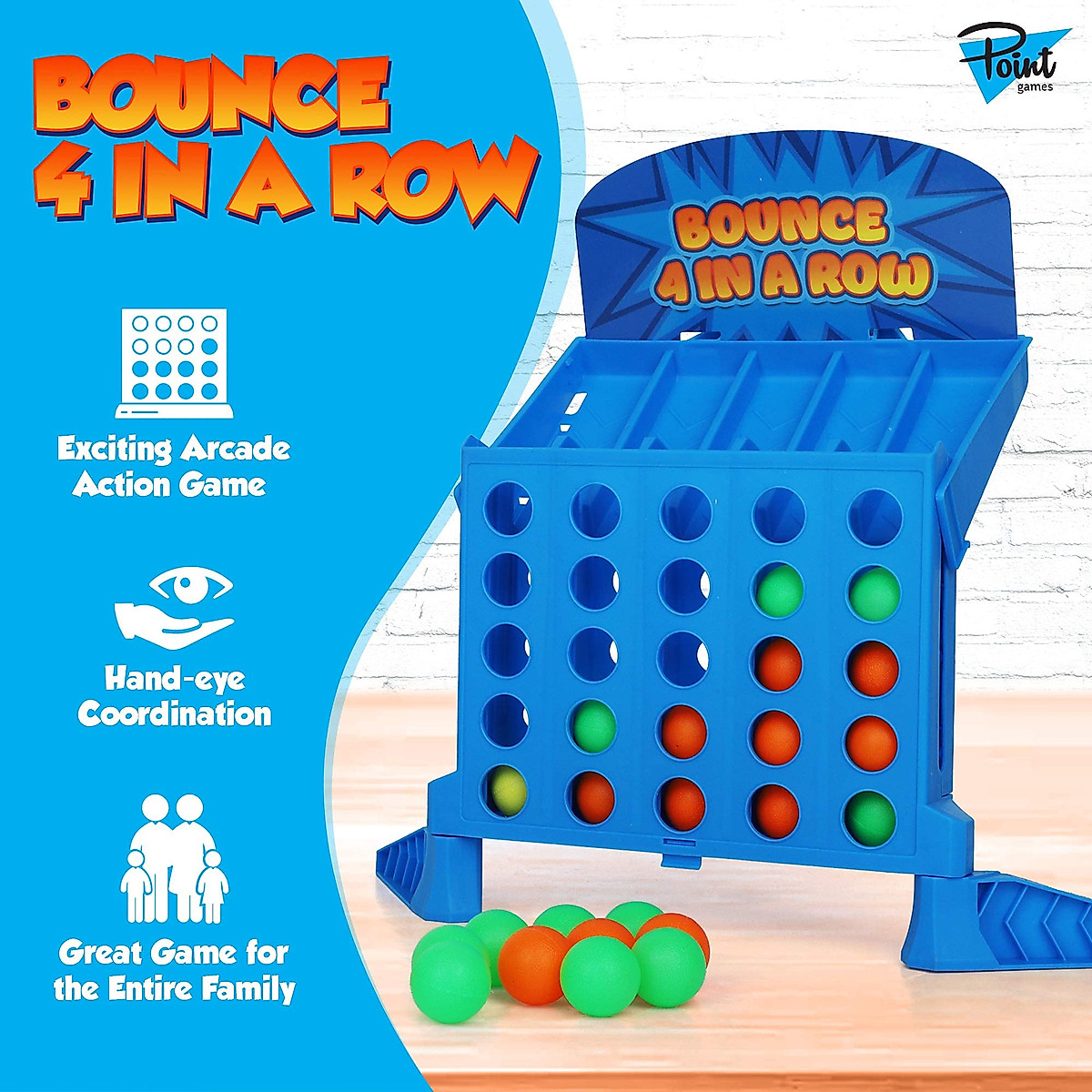 Point Games Bounce 4 in a Row - Travel Friendly Storage Case- Classic Board Games w Twist - Line Up 4 Classic Game - Strategical Thinking and Aim Practice - Portable Toys for Boys and Girls Ages 6+