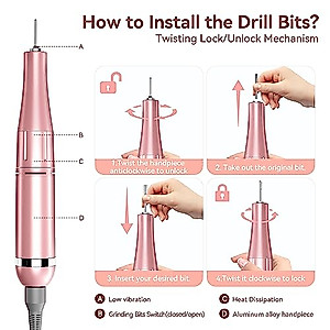 Nail Drill 35000RPM, Rechargeable Electric Nail Drill Machine, Cordless Nail File Drill E File for Acrylic Gel Grinder Tools with 11Pcs Nail Drill Bits for Manicure Pedicure Shape Carve Polish