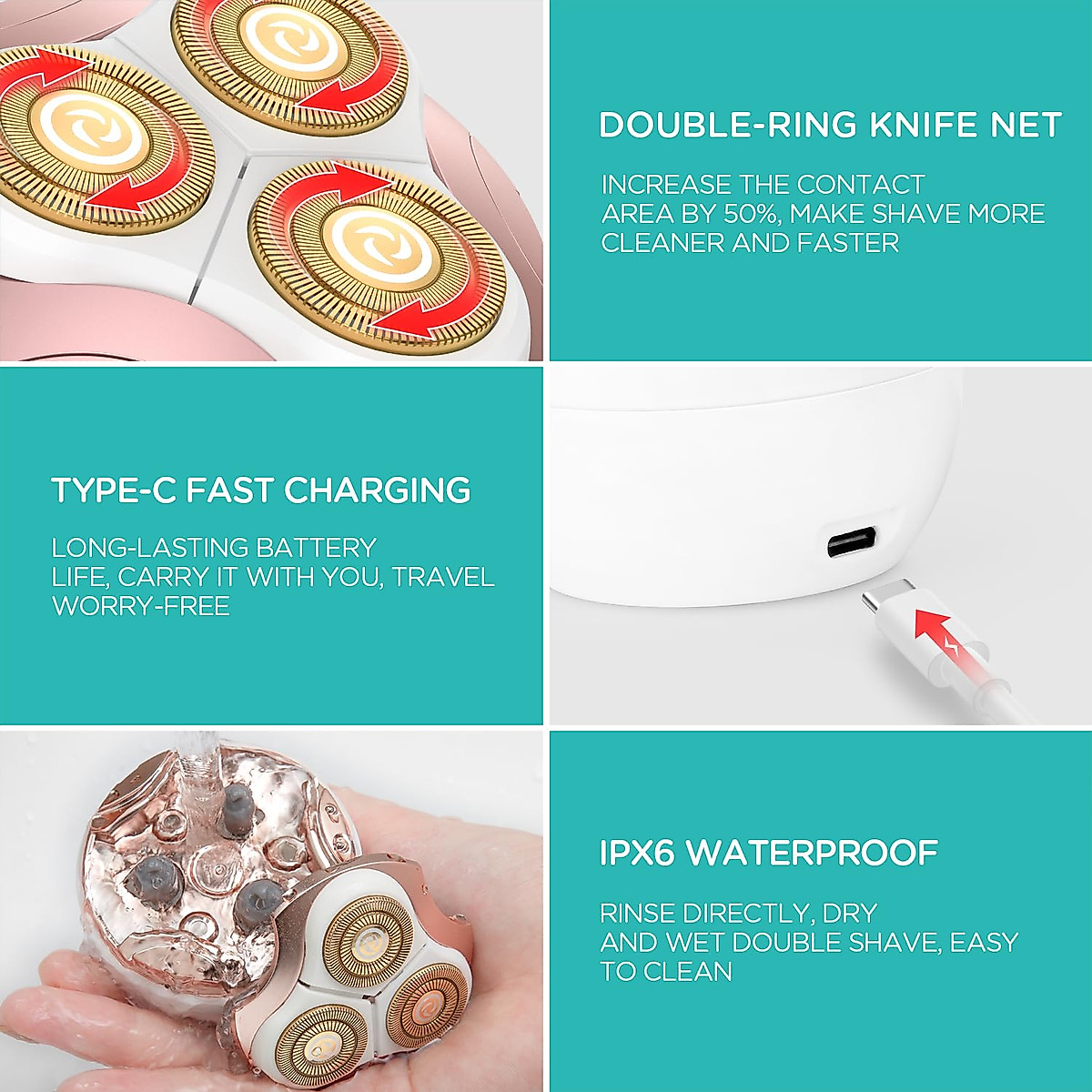 VOGOE Electric Shaver for Women 3D Floating Blade Rotary Razor Hair Remover for Arms, Legs and Underarms Rechargeable Portable and Safe Wet and Dry Use ES300