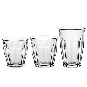 Duralex Made In France Picardie 18-Piece Glass Tumbler Drinking Set, Clear. Set includes; (6 Units) 8-3/8 oz Tumblers; (6 Units) 10-3/8 oz Tumblers; (6 Units) 12-1/8 Tumblers