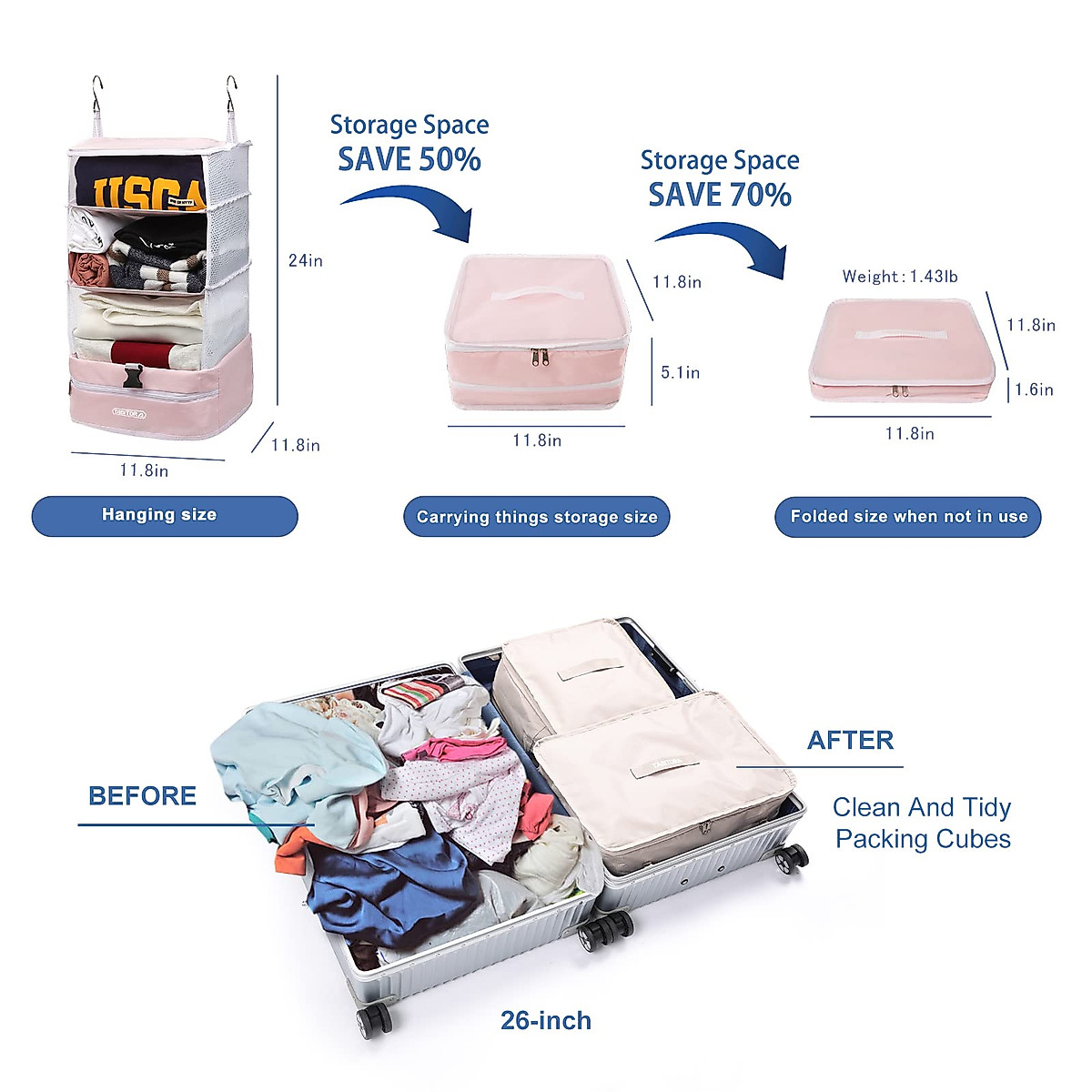 TABITORA Travel Luggage Organizer and Packing Cube Space Saver with Built in Hanging Shelves and Laundry Storage Compartment (Pink L)