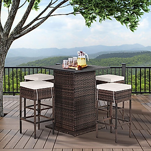 RELAX4LIFE 5-Piece Outdoor Bar Set, Wicker Rattan Bar Height Patio Set w/4 Cushion Bar Stools & Table with Hidden Storage, 5PCS Outdoor High Top Table and Chairs Set for Backyard Poolside (White)