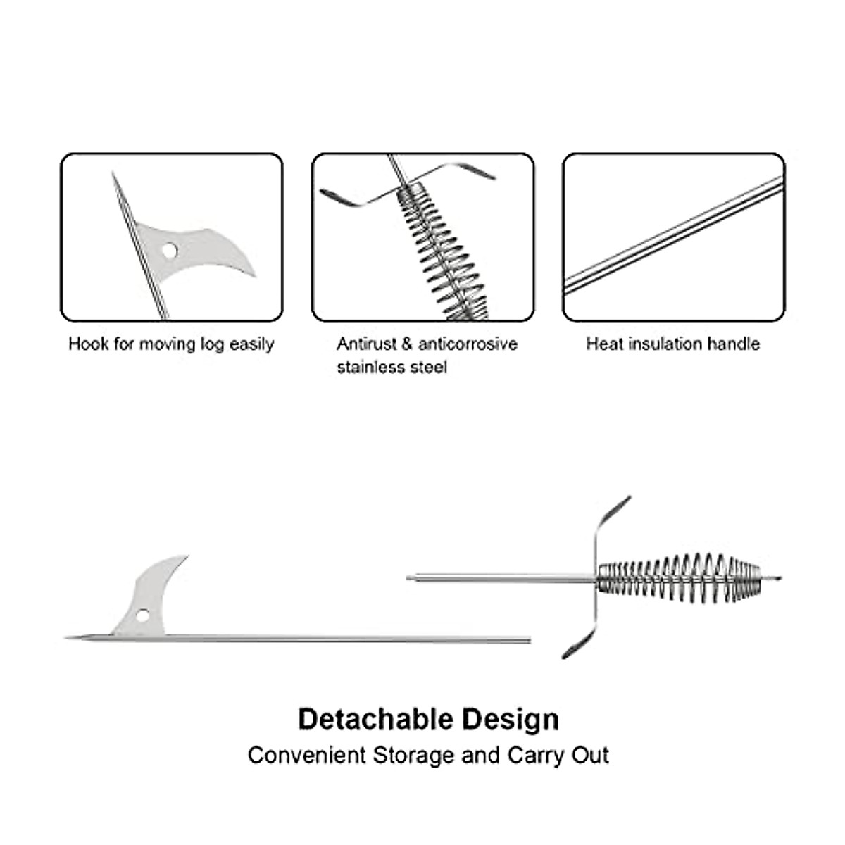 bbq777 30 Inch Fire Poker for Fire Pit Camping, Fire Pit Tools for Indoor and Outdoor use, Fireplace Poker Tools for Campfire, Wood Stove, Heavy Duty 2-in-1 Removable Stainless Steel