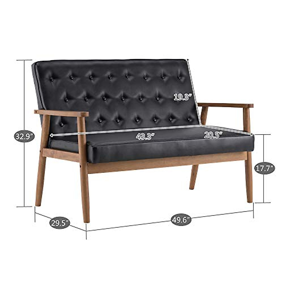 EPOFIT Modern Solid Wood Loveseat Sofa, Upholstered Faux Leather Love Seat, Small Couch 2 Seater with Wooden Arm for Living Room, Bedroom, Small Spaces, Office, Black