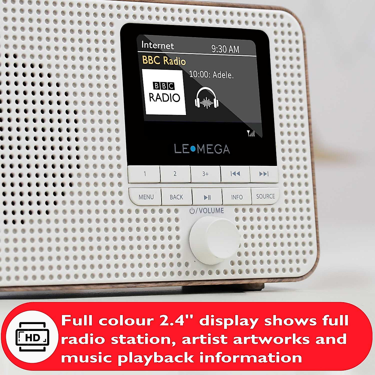 LEMEGA IR1 Portable WiFi Internet Radio,FM Digital Radio,Bluetooth Speaker,Dual Alarms Clock,Sleep Snooze Timer,40 Presets, Headphone-Output,Colour Display,Batteries or Mains Powered – Walnut Finish