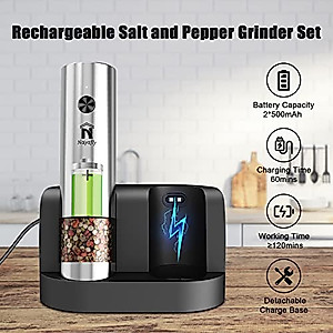 Electric Salt and Pepper Grinder Set Rechargeable, Large Capacity Automatic Pepper Mill with LED Light and Upgraded Charge Base, 304 Stainless Steel, Adjustable Coarseness,One Handed Operation 2 Pack