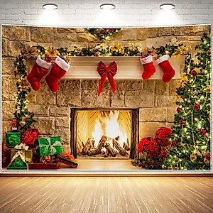 Haboke 8x6ft Christmas Fireplace Theme Backdrop for Photography Tree Sock Gift Decorations for Xmas Party Supplies Photo Background Pictures Banner Studio Decor Booth Props