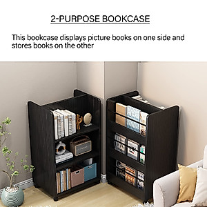 3-Tier Bookshelf, Book Storage Organization with Wheels Mobile Rolling Bookshelves Cart for Home Office Kids’ Study Room School, Double Sided Open Bookshelf with Wheel, Black