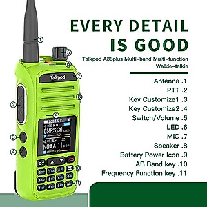 Talkpod A36Plus GMRS Handheld Two Way Radio Walkie Talkies for Adults Long Range with VHF UHF Receive, 5W Output, 512 Channels, 1.44inch Color Screen(Green)