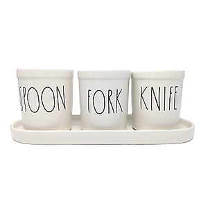 Rae Dunn by Magenta SPOON FORK KNIFE pot set with tray. Large letters!
