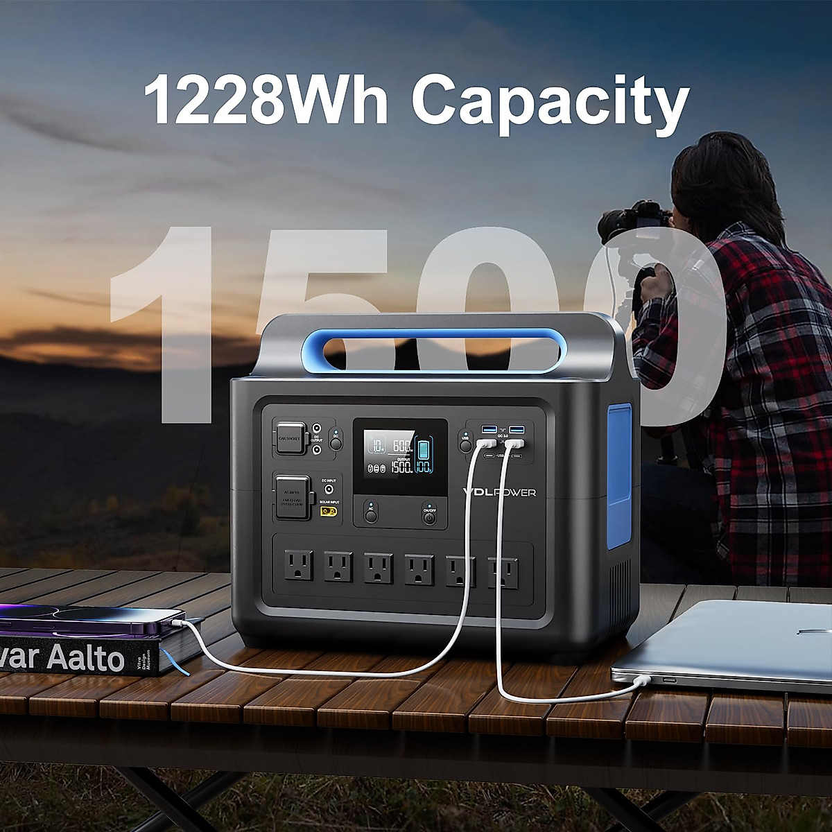 Portable Power Station 1228Wh/1500W, VDL HS1500 LiFePO4 Solar Generator Fully Charged 2 Hours, 6x110V Pure Sinewave AC Outlets Backup Battery Power Supply for Home Use Outdoor Camping RV Emergency