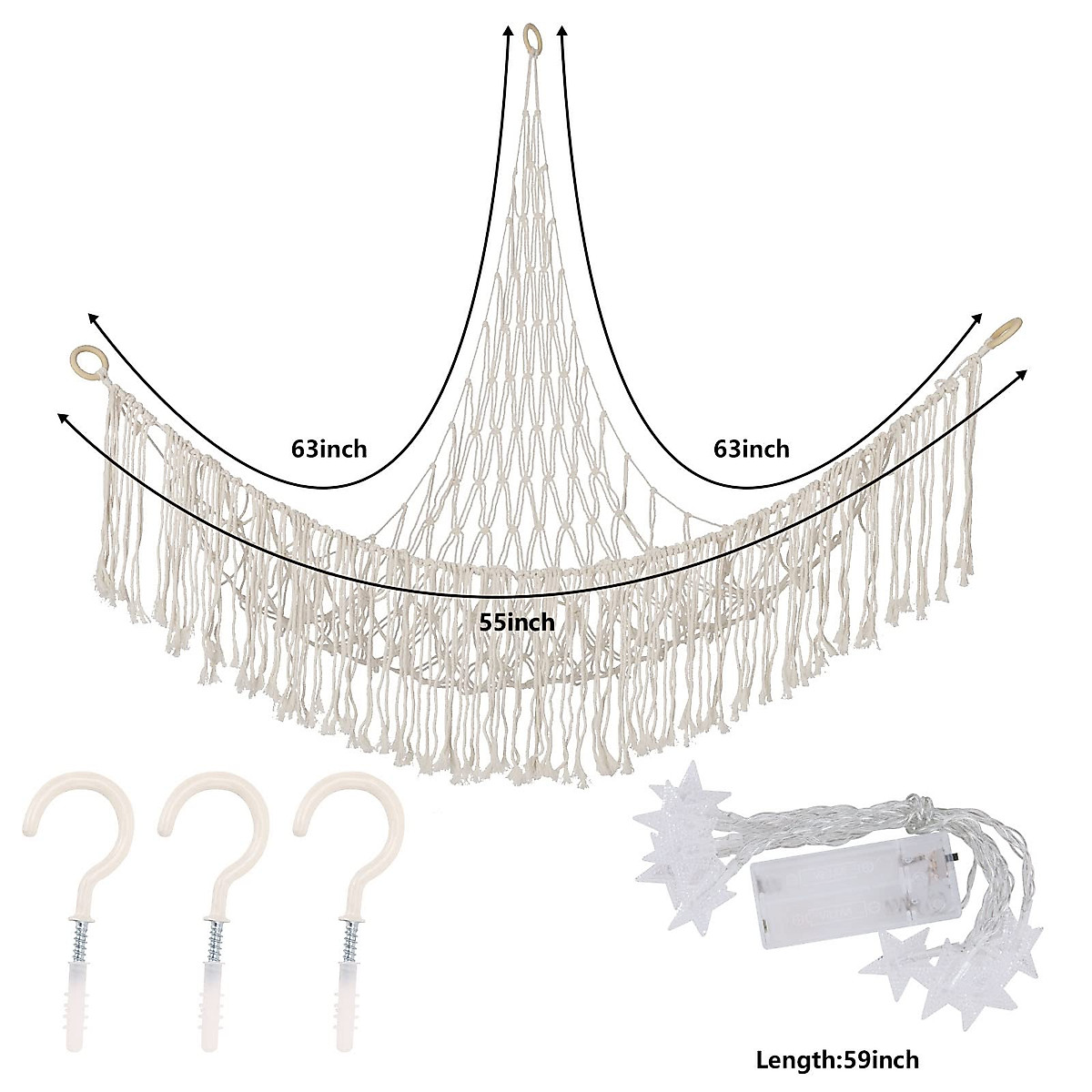 63" x 63" x 51.2" Boho Stuffed Animal Toy Hammock Macrame Large Corner Mesh Toy Storage Hanging Wall Toys Organizer with Light for Bedroom Decor