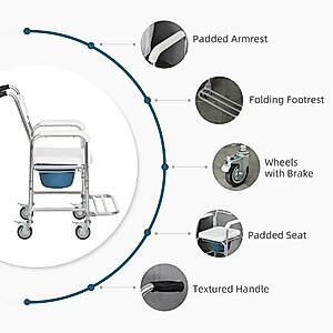 HOMCOM 3-in-1 Shower Commode Wheelchair, Transport Beside Commode Chair, Waterproof Rolling Over Toilet Chair 330 lbs. Weight Capacity with Padded Seat, White