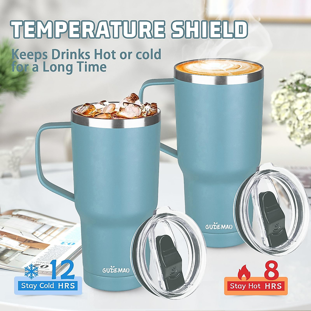 20 oz Insulated Coffee Mug with Ceramic Coating, Stainless Steel Travel Mug Tumbler with Handle Lid and Straw, Double Wall Leak-Proof Thermos Coffee Travel Mug Keeps Drink Hot and Cold (Lake Green)