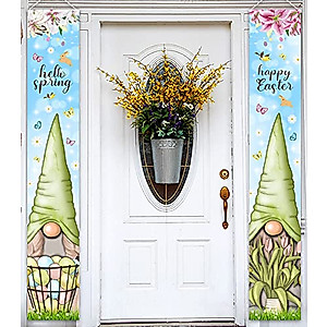 Easter Porch Sign Banner-Easter Gnomes Decoration Hello Spring Happy Easter Door Hanging Banner Outdoor Easter Party Supplies Photo Props for Porch
