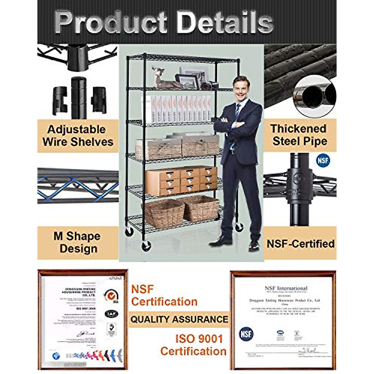 LLLstore 6-Tier Storage Metal Shelf Wire Shelving Unit 2100Lb Capacity Adjustable Heavy Duty Storage Rack with Wheels NSF Metal Shelf for Closet Kitchen Garage Basement, 82" H x 48" L x 18" D- Black