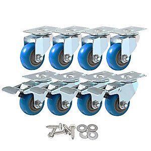 8 Pack 4 Inch Combo Caster Swivel Plate 4 w/Brake & 4 Plate Heavy Duty on Blue PU Wheels with Heavy Duty Screws