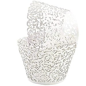 GOLF 100Pcs Cupcake Wrappers Artistic Bake Cake Paper Filigree Little Vine Lace Laser Cut Liner Baking Cup Wraps Muffin CaseTrays for Wedding Party Birthday Decoration (White)