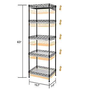 Guangfoshun Storage Shelves, 5-Tier Wire Shelving Unit with Baskets Storage Rack Corner Shelf Shelving Adjustable Storage Shelf, 11.8" D x 15.7" W x 63" H, Black