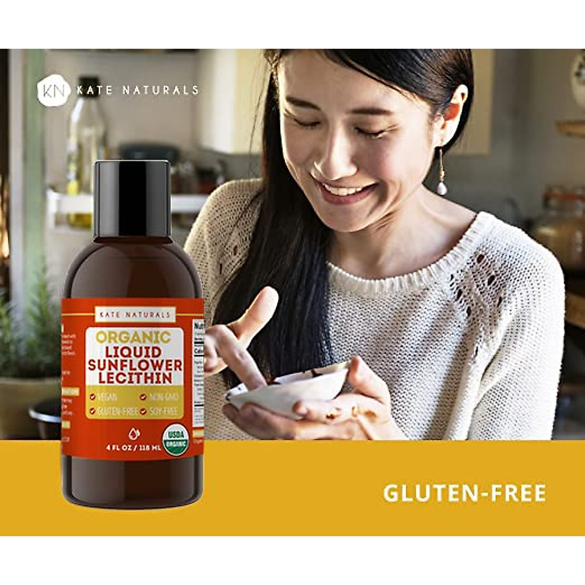 Kate Naturals Organic Sunflower Lecithin Liquid for Brownies, Gummies and Cooking (4oz) Vegan & Gluten Free. Organic Liquid Lecithin Sunflower for Lactation Supplement, Baking, and Smoothies