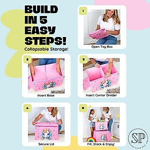 2 pcs of Collapsible/Stackable Toy Storage Organizer, Bins, Large Toy Boxes for Kids, Girls’ Room, Nursery, Playroom with Lids and Handles (Unicorn, Pink)