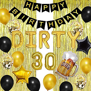 Geloar 23PCS Dirty 30 Birthday Decorations for Him, Dirty 30 Balloons Banner Black and Gold Birthday Dirty Thirty Decorations for Him 30th Birthday Party Supplies for Men Cheers & Beers to 30 Years