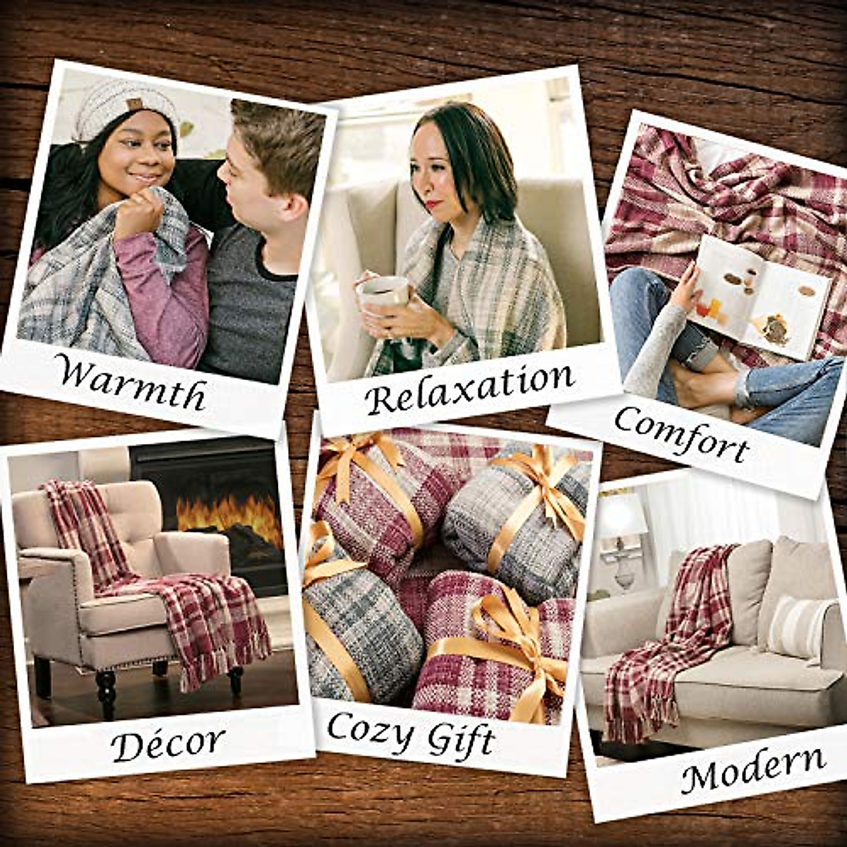 Chanasya Farmhouse Pattern Plaid Throw Blanket Lightweight Knit Textured Woven Decorative Blanket for Couch Bed Living Room Blanket with Tassels Fringed Throw Blanket (50x65 Inches) Maroon Purple