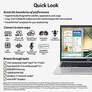 Acer Aspire 5 A515-56 Slim Laptop 15.6"" Full HD IPS LCD Intel i3-1115G4 Processor 8GB DDR4 128GB NVMe SSD WiFi 6 Amazon Alexa Windows 11 Home in S Mode (Renewed), Silver