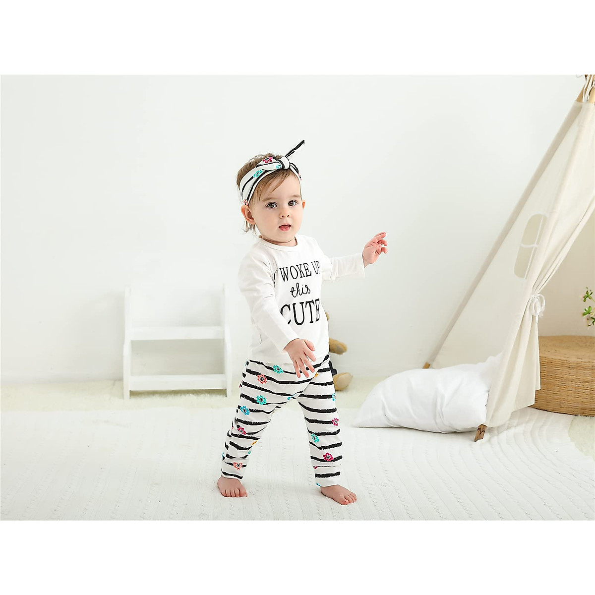 KuKitty 3Pcs Baby Girl Outfits Set I Woke Up This Cute Long Sleeve T-Shirt Tops Flowers Pants with Headband (12-18 Months)