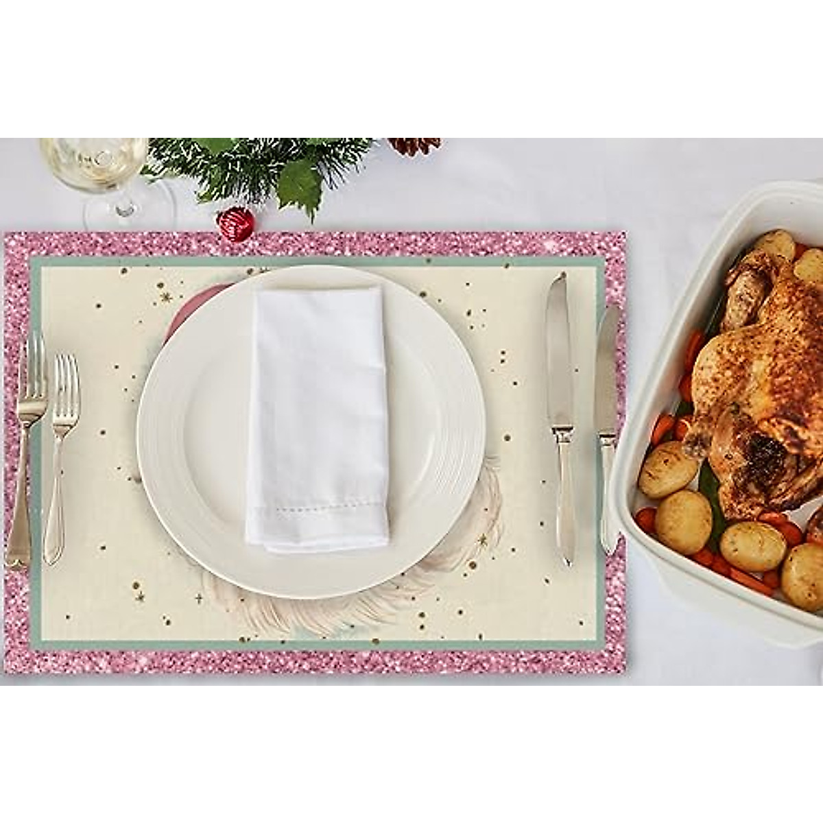Pink Christmas Placemats Set of 4 Pink Santa Placemats 12 x 18 Inch Christmas Snowflake Placemats for Winter Xmas Home Holiday Kitchen Dining Party Decor