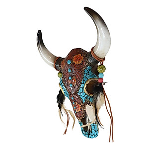 Ebros Gift Southwestern Tribal Indian Dreamcatcher Feathers Turquoise Beads and Faux Tooled Floral Leather Steer Cow Skull Wall Head Decor Hanging Plaque Bison Buffalo Wild Animal Resin Figurine