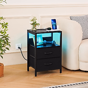 Yoobure Nightstand with Charging Station, LED Night Stand with Fabric Drawers and Storage Shelf for Bedroom, Nightstands Bedside Tables with USB Ports & Outlets, Small Night Stands, Bed Side Table